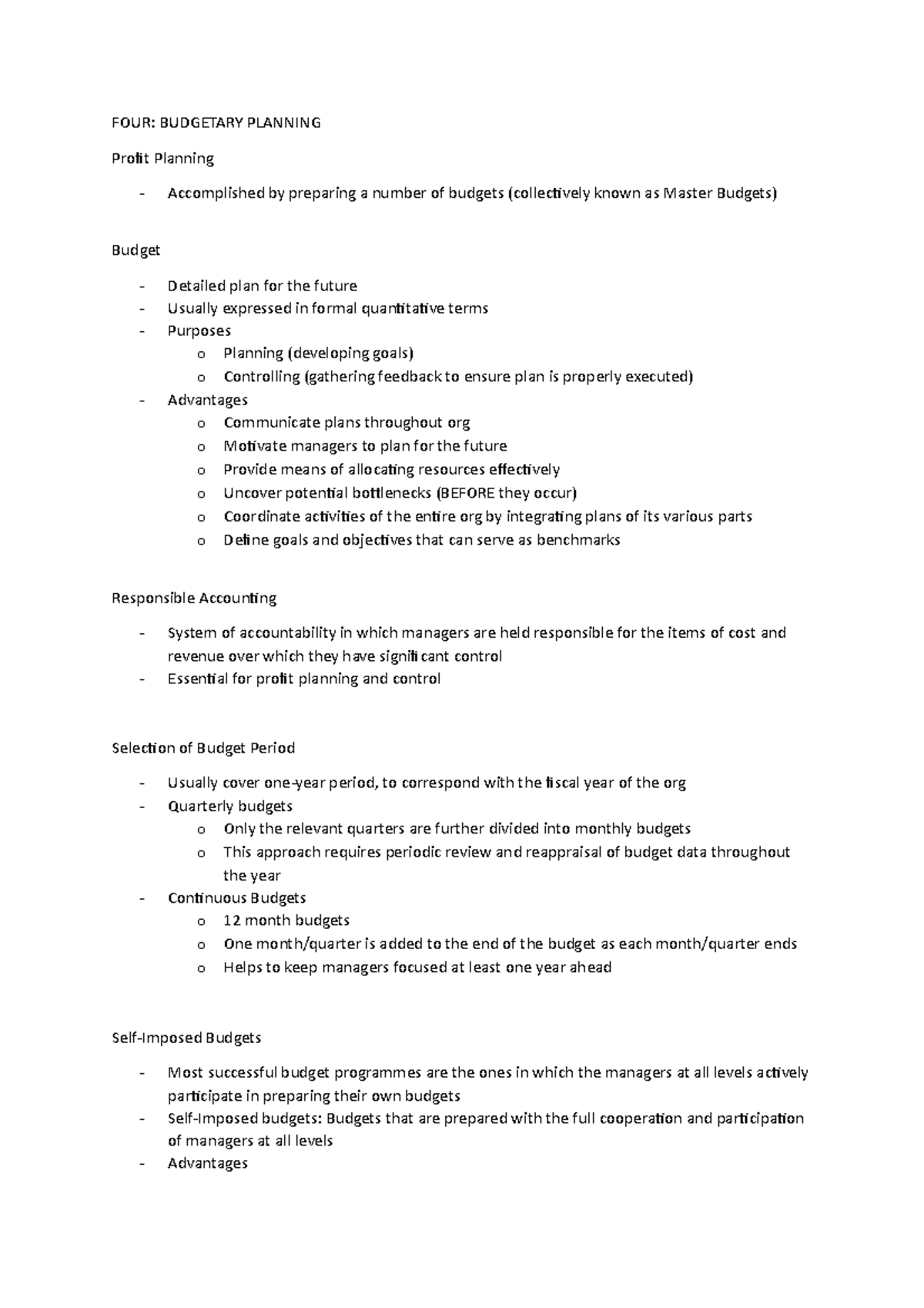 04 Budgeting - notes - FOUR: BUDGETARY PLANNING Profit Planning ...