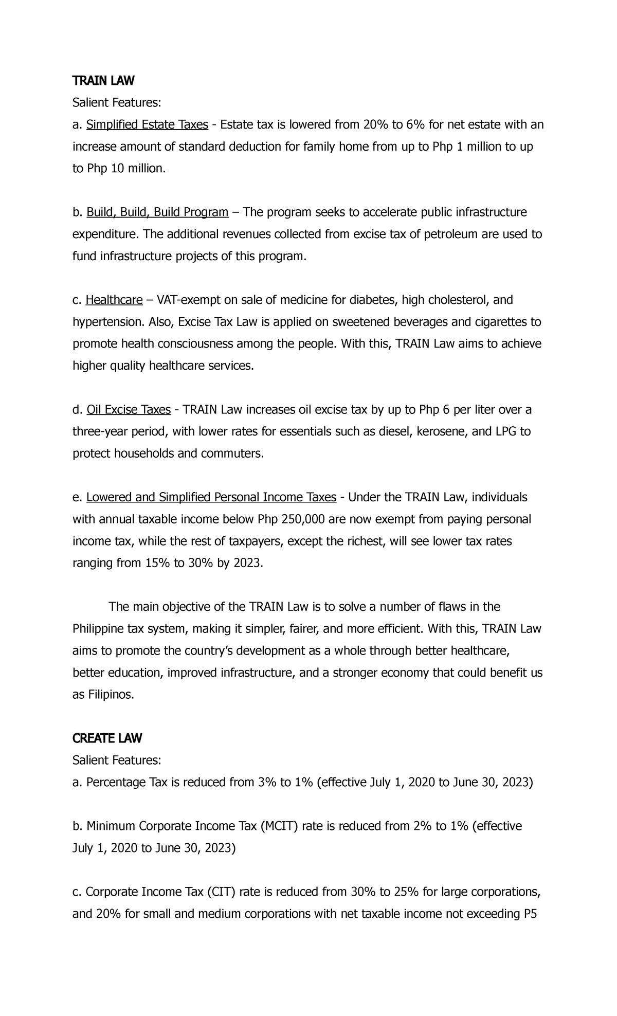 Taxes Basics Train Law And Create Law TRAIN LAW Salient Features A