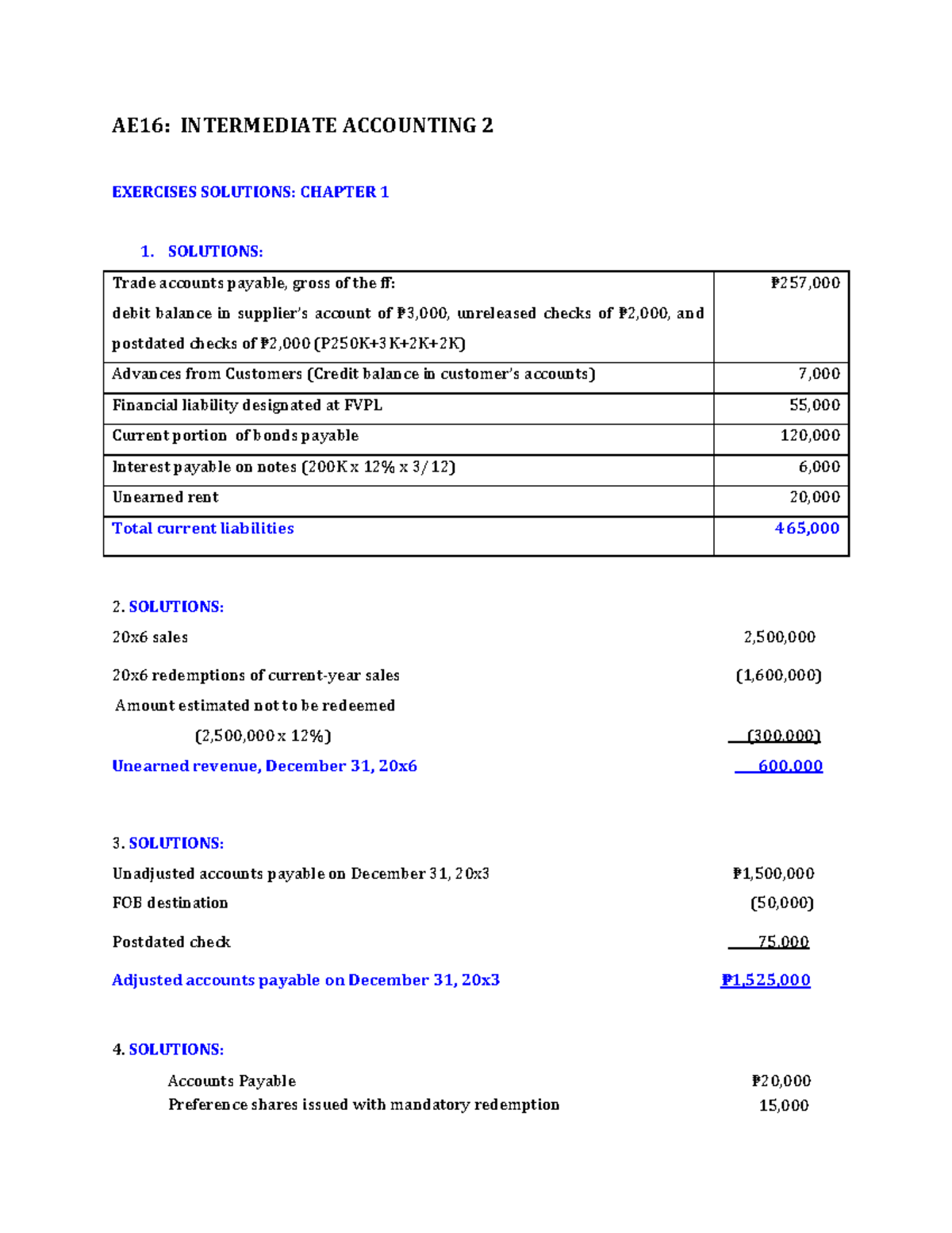 Solutions AE16-Chapter-1-Exercises - AE16: INTERMEDIATE ACCOUNTING 2 ...