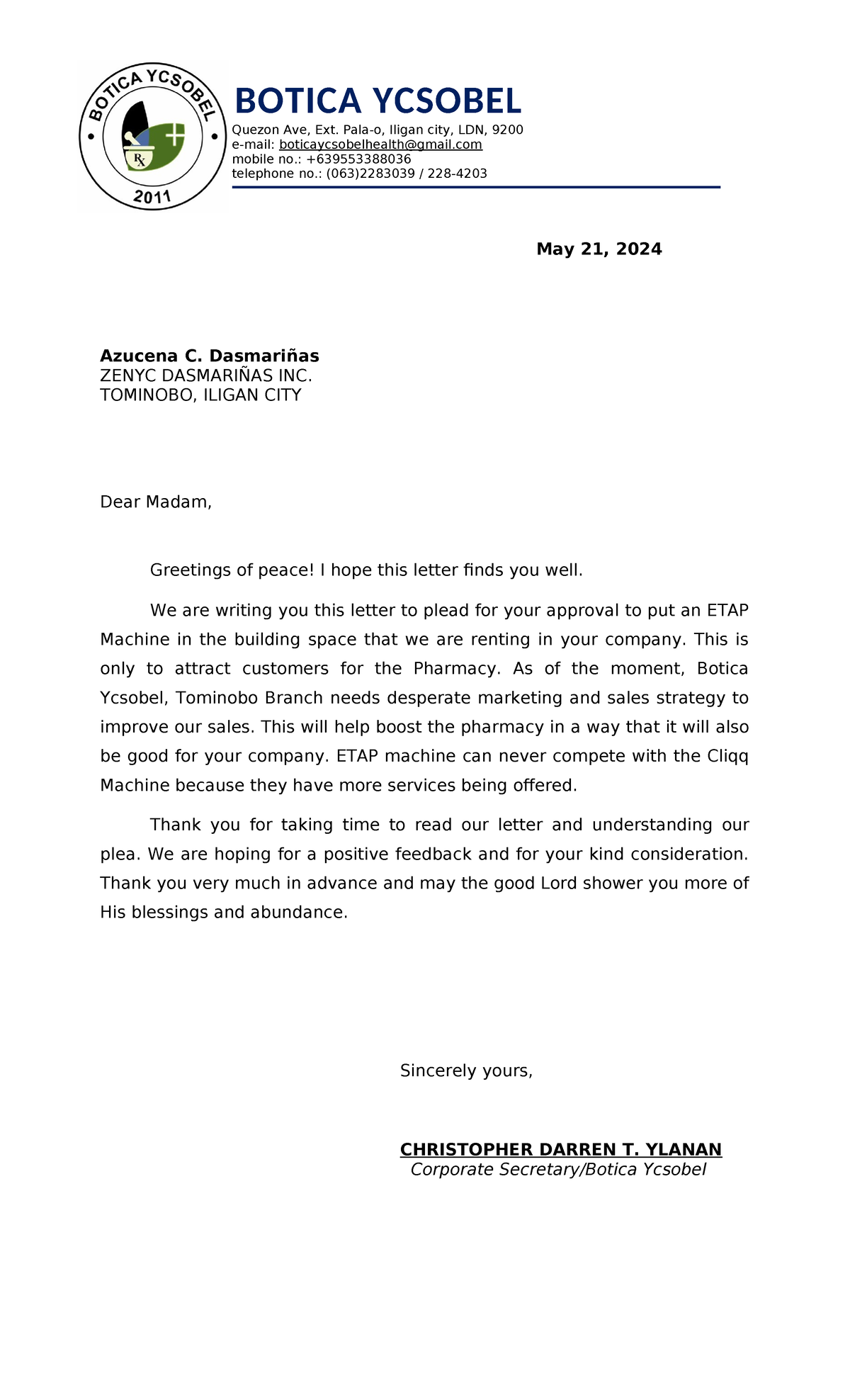 Letter for captain opening - BOTICA YCSOBEL Quezon Ave, Ext. Pala-o ...