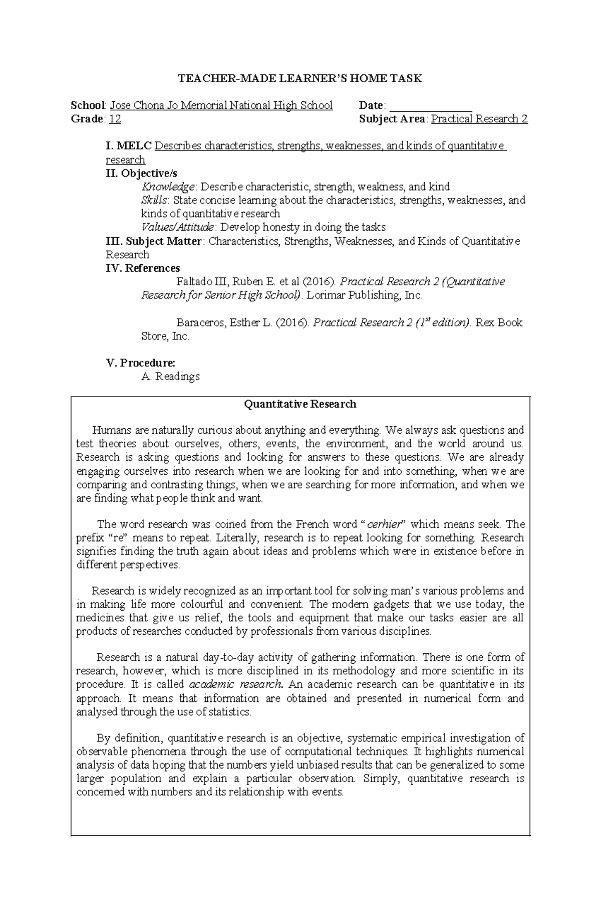 Practical Research 2 - MELC Describes characteristics, strengths ...