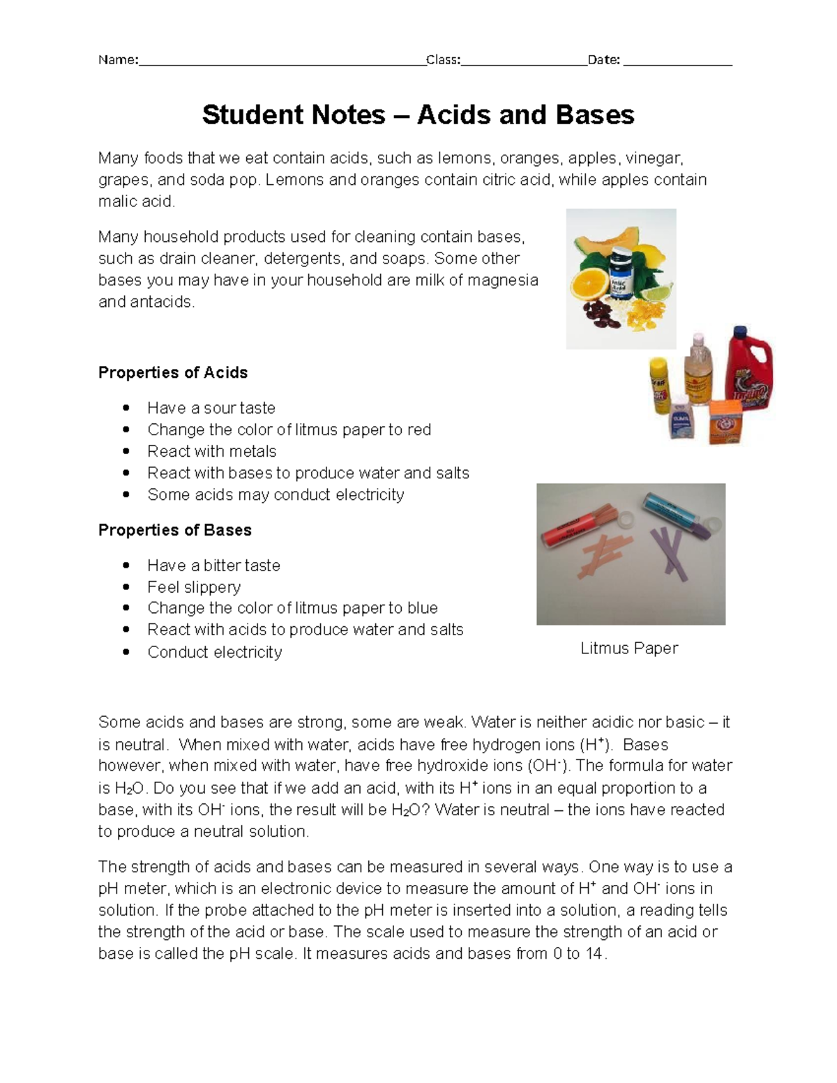 Acids and Bases Practice Activity - Student Notes – Acids and Bases ...