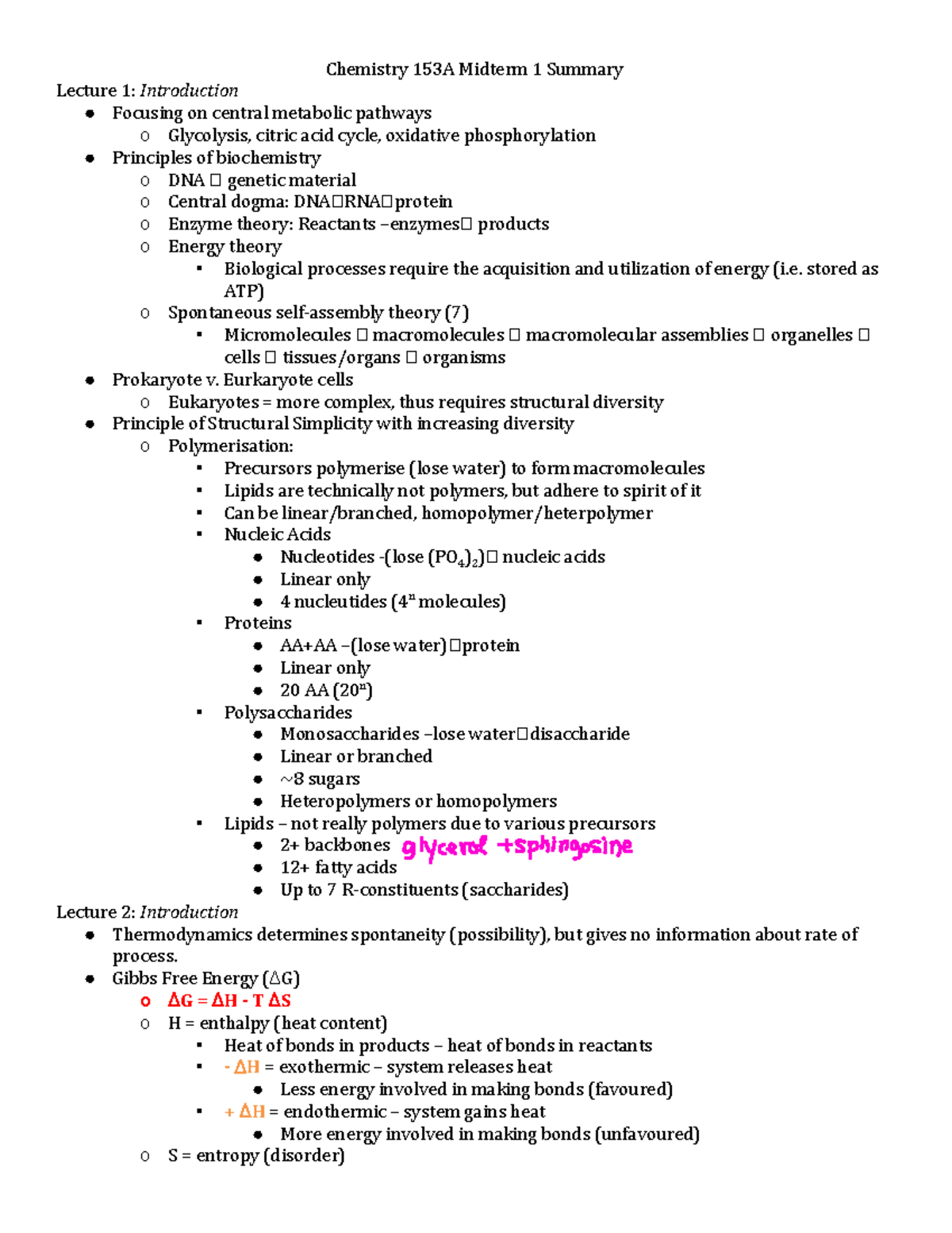 Biochem notes - should be the most of the course summary - Chemistry ...