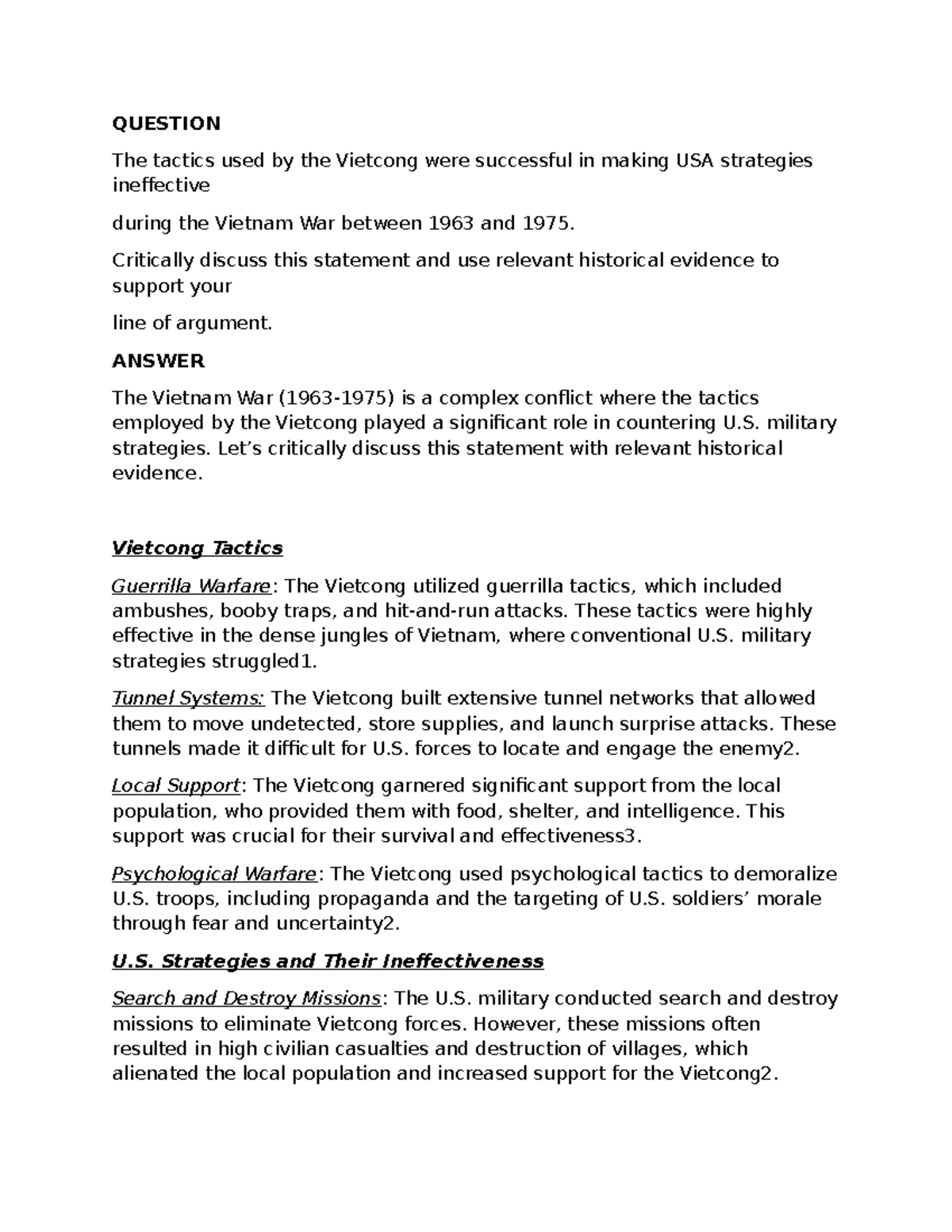 USA & Vietnam Tactics - 1 - QUESTION The tactics used by the Vietcong ...