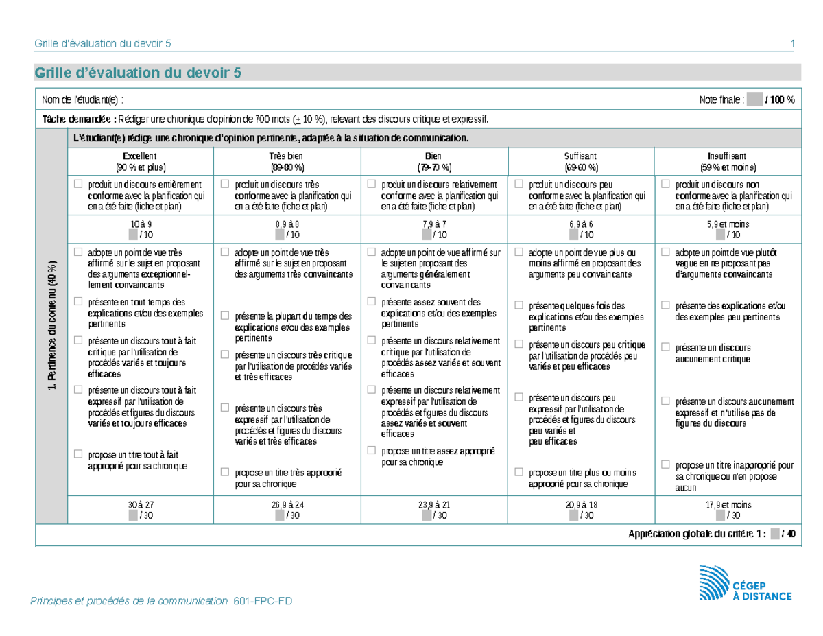 601-FPC-FD dev 05 grille - Grille d’évaluation du devoir 5 1 Grille d ...