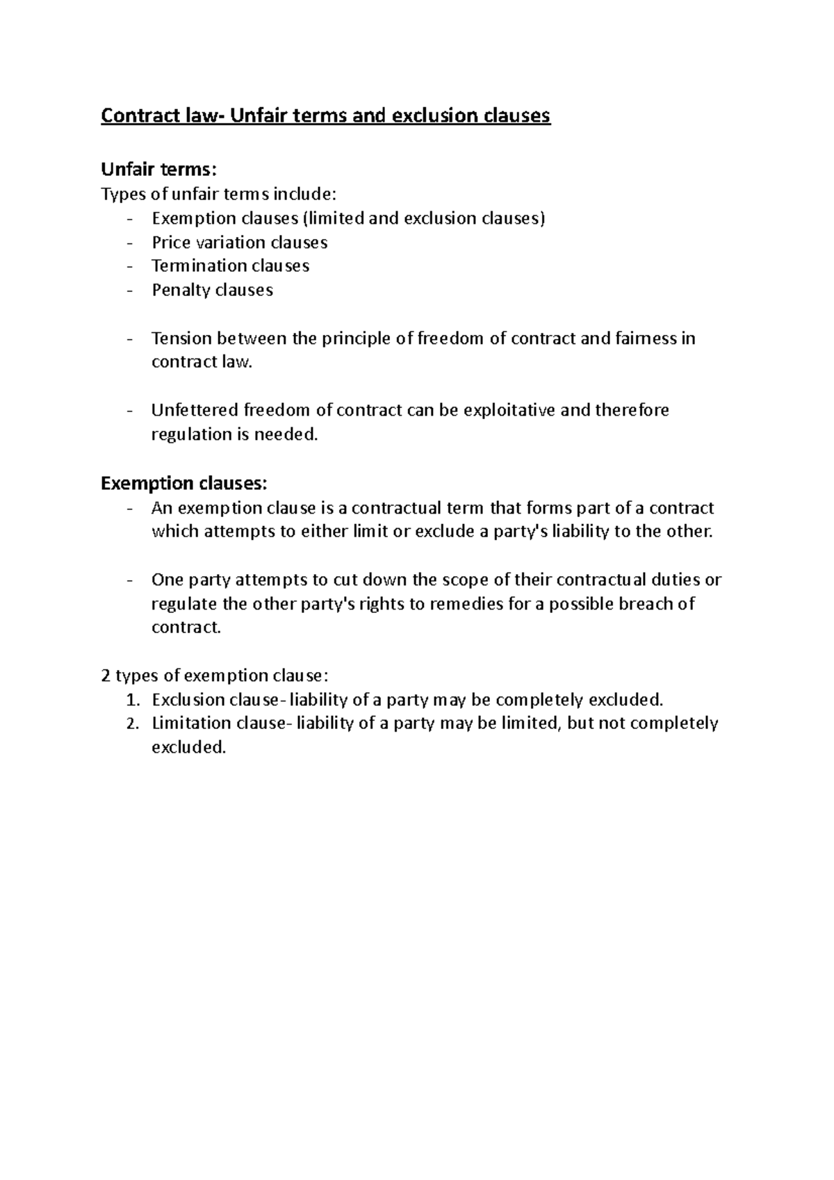 Unfair terms and exclsuion clauses- notes - Contract law- Unfair terms ...