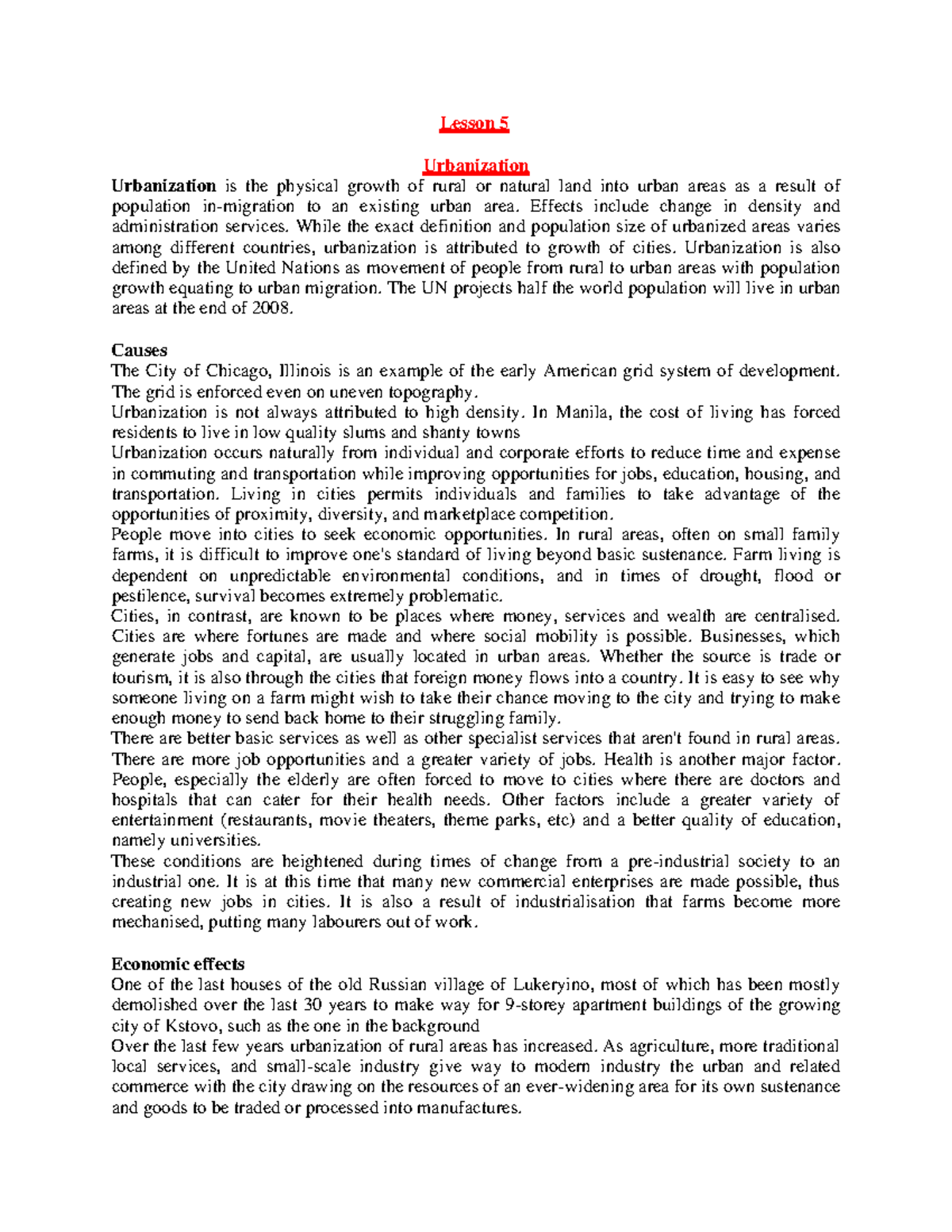 Ch04 Urbanization - Communication - Lesson 5 Urbanization Urbanization is the physical growth of ...