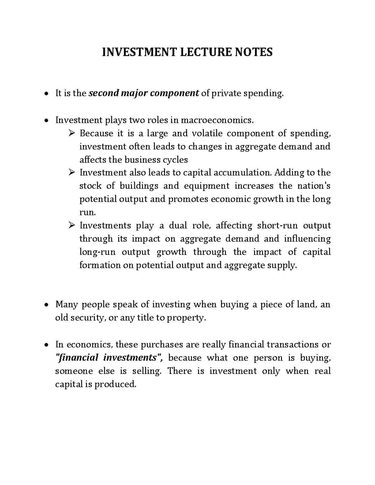 Investment Lecture Notes - INVESTMENT LECTURE NOTES It is the second ...