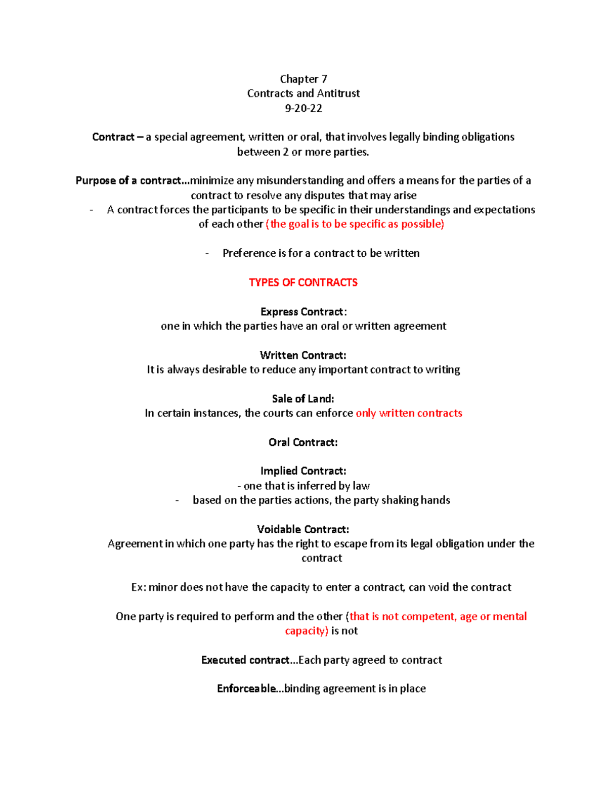Ch. 7 Notes - Boykin - Chapter 7 Contracts and Antitrust 9-20- Contract ...