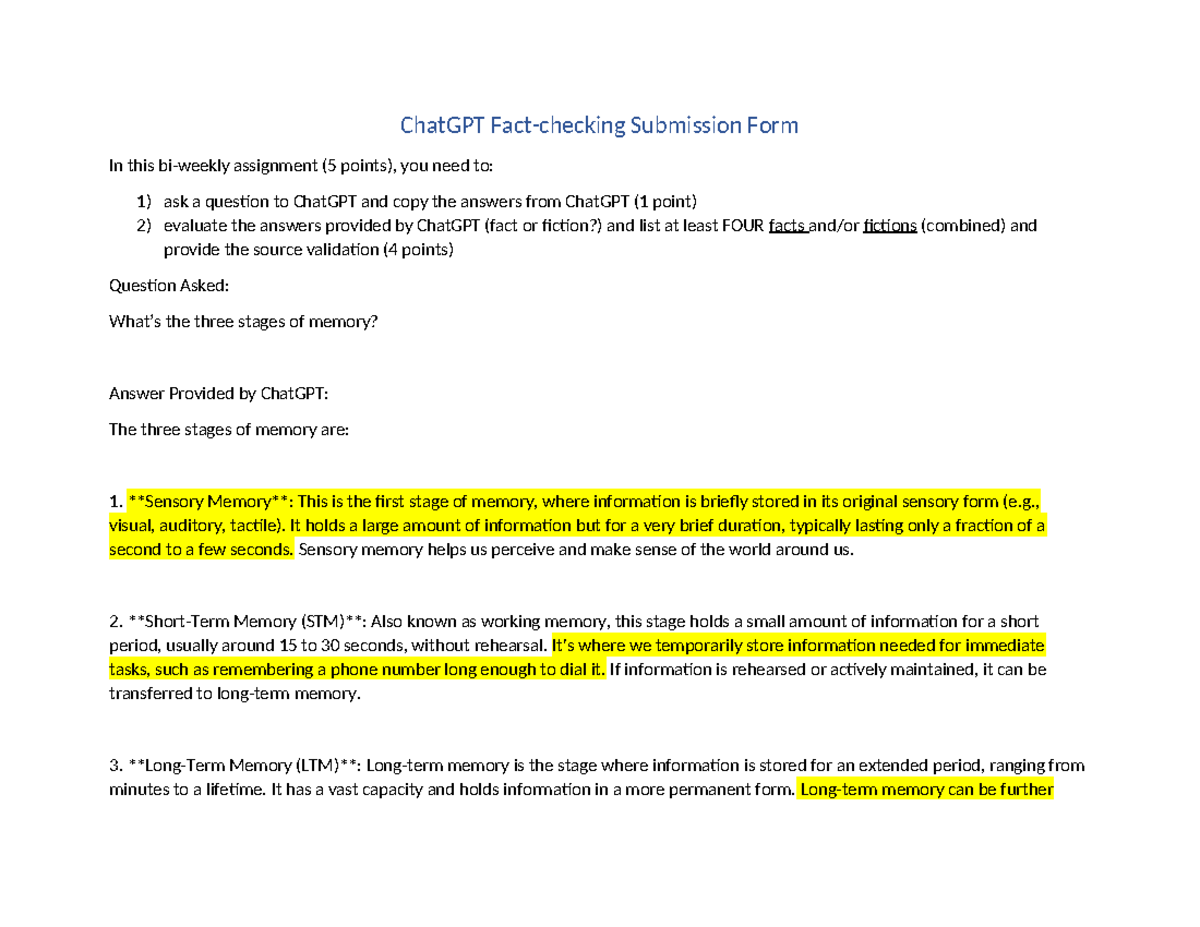 Chat GPT Form 123455 - ChatGPT Fact-checking Submission Form In this bi-weekly assignment (5 ...