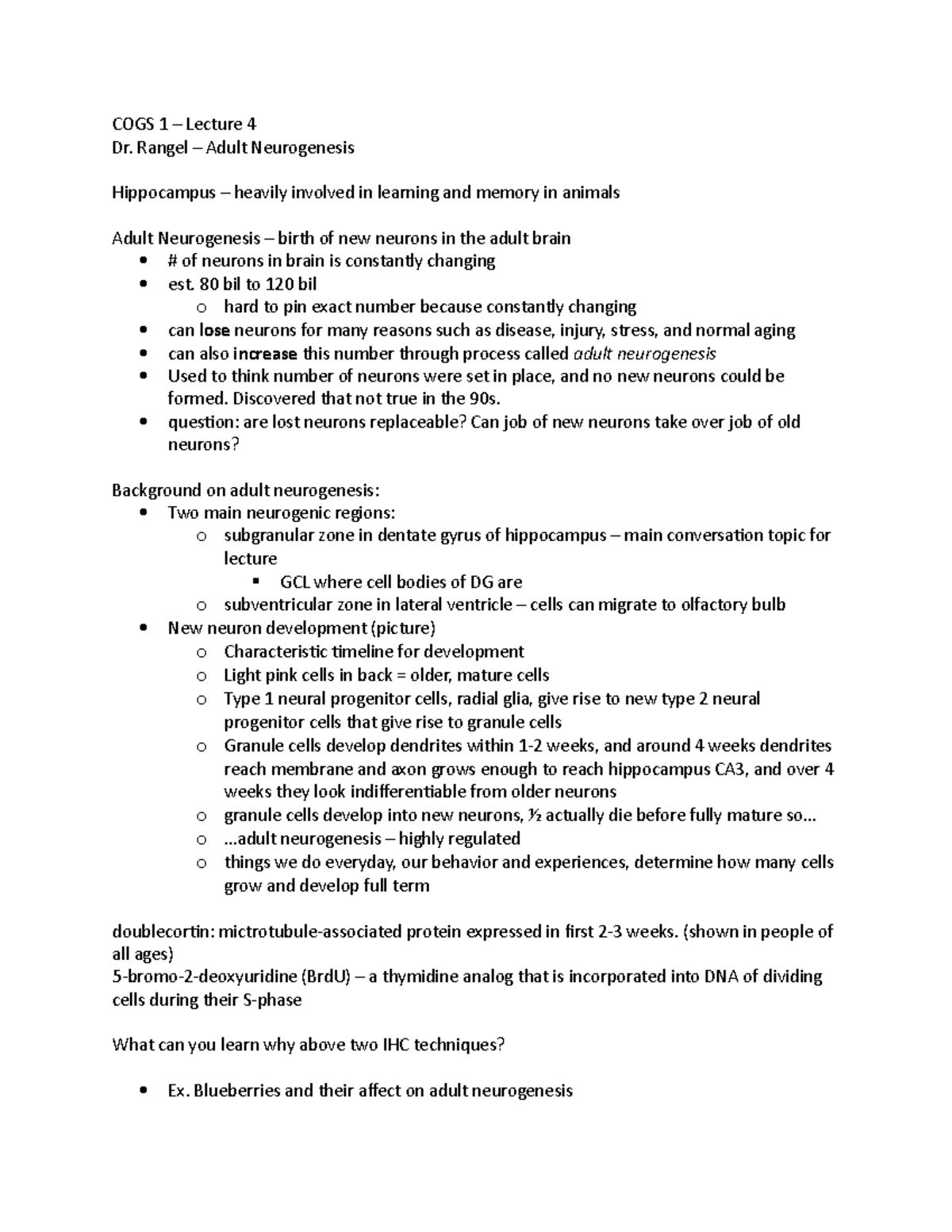 COGS 1 - Lecture 4 - COGS 1 Lecture 4 Dr. Rangel Adult Neurogenesis ...