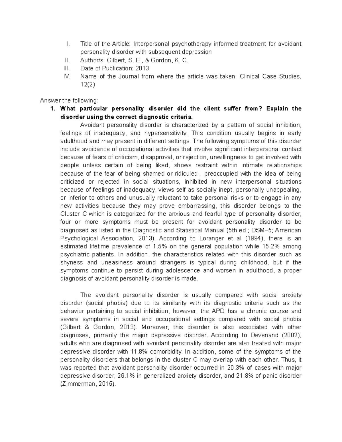 Journal Article Review - Personality Disorder - I. Title of the Article ...