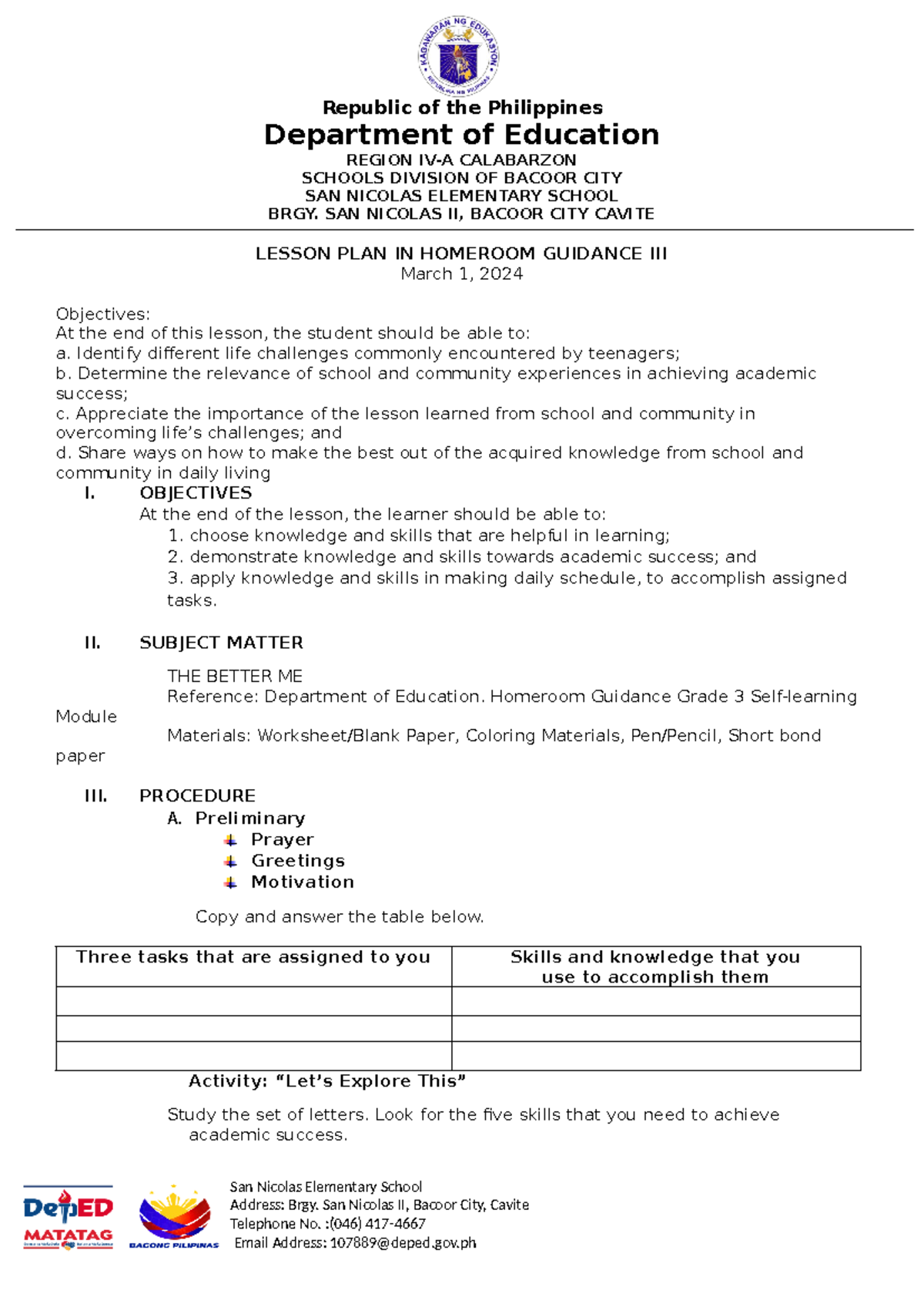 Lesson PLAN IN Homeroom Guidance Grade 3 Feb 29 - Republic of the ...