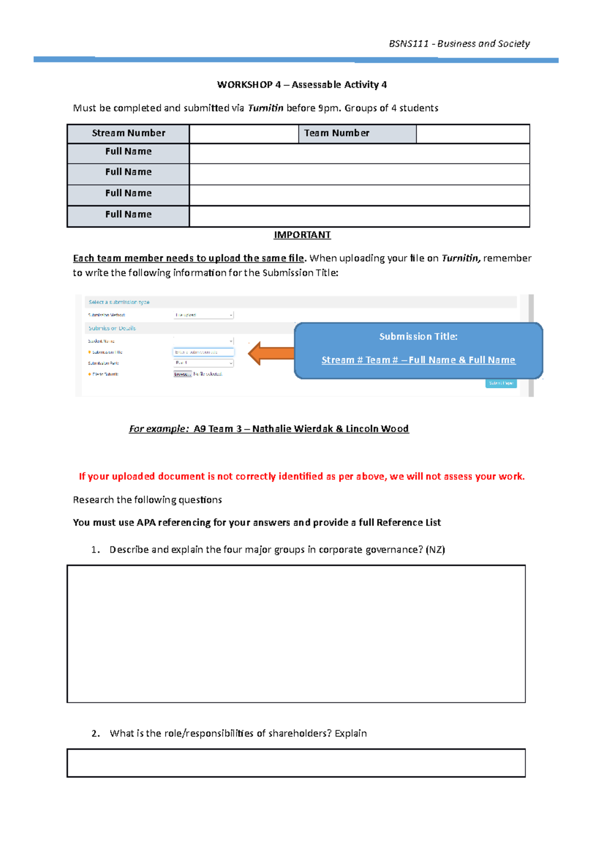 Workshop 4 worksheet march bsns 111 groups of 4 essay - BSNS111 ...