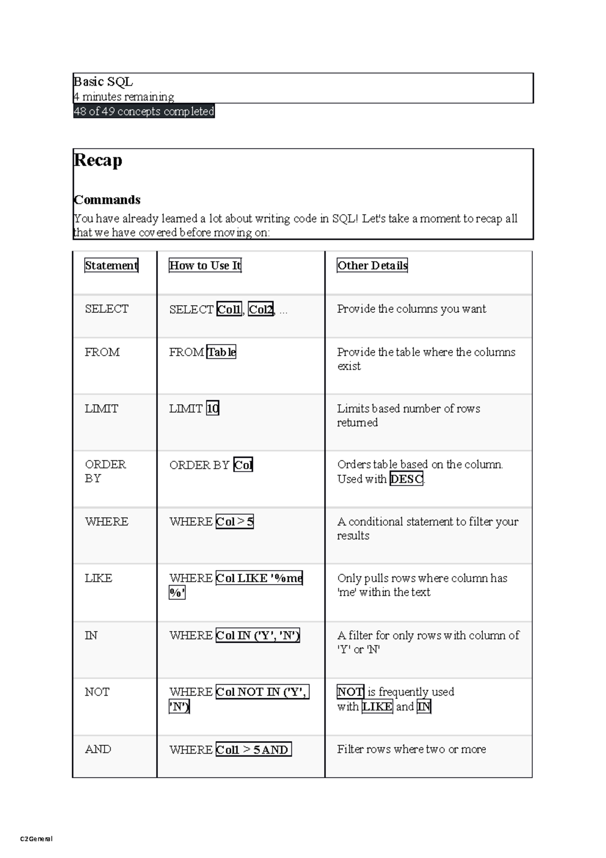 Basic Sql Sql Basic Sql 4 Minutes Remaining 48 Of 49 Concepts