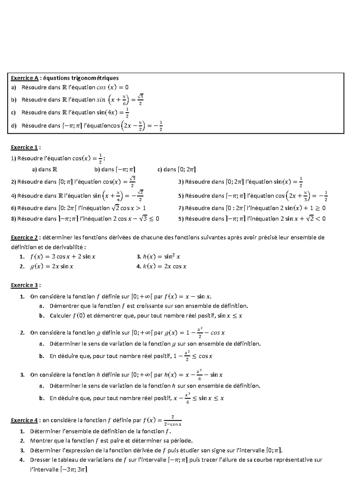 Exo1 - exo maths complet - Fonctions trigonométriques – Feuille d’exercices Besoin d’un point ...