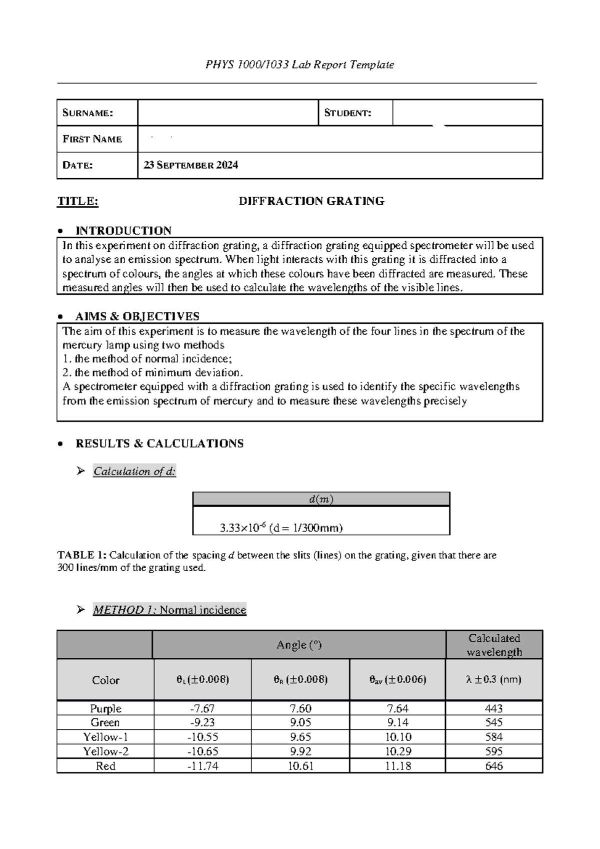 Exp08- Diffraction - PHYS 1000/1033 Lab Report Template - Studocu