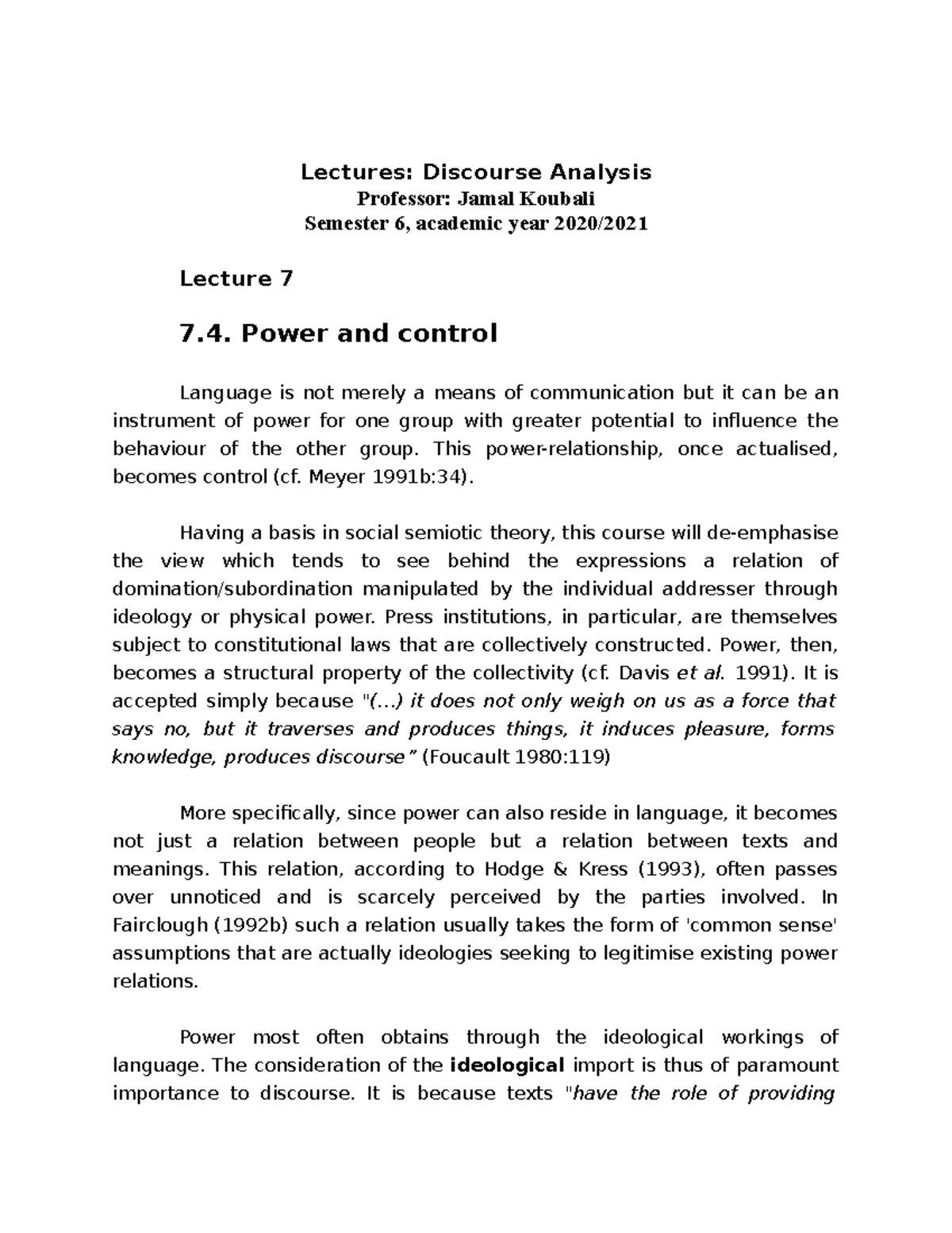 7 M33 S6p2 Discourse Analysis Lectures 7 Pr Koubali Lectures Discourse Analysis Professor