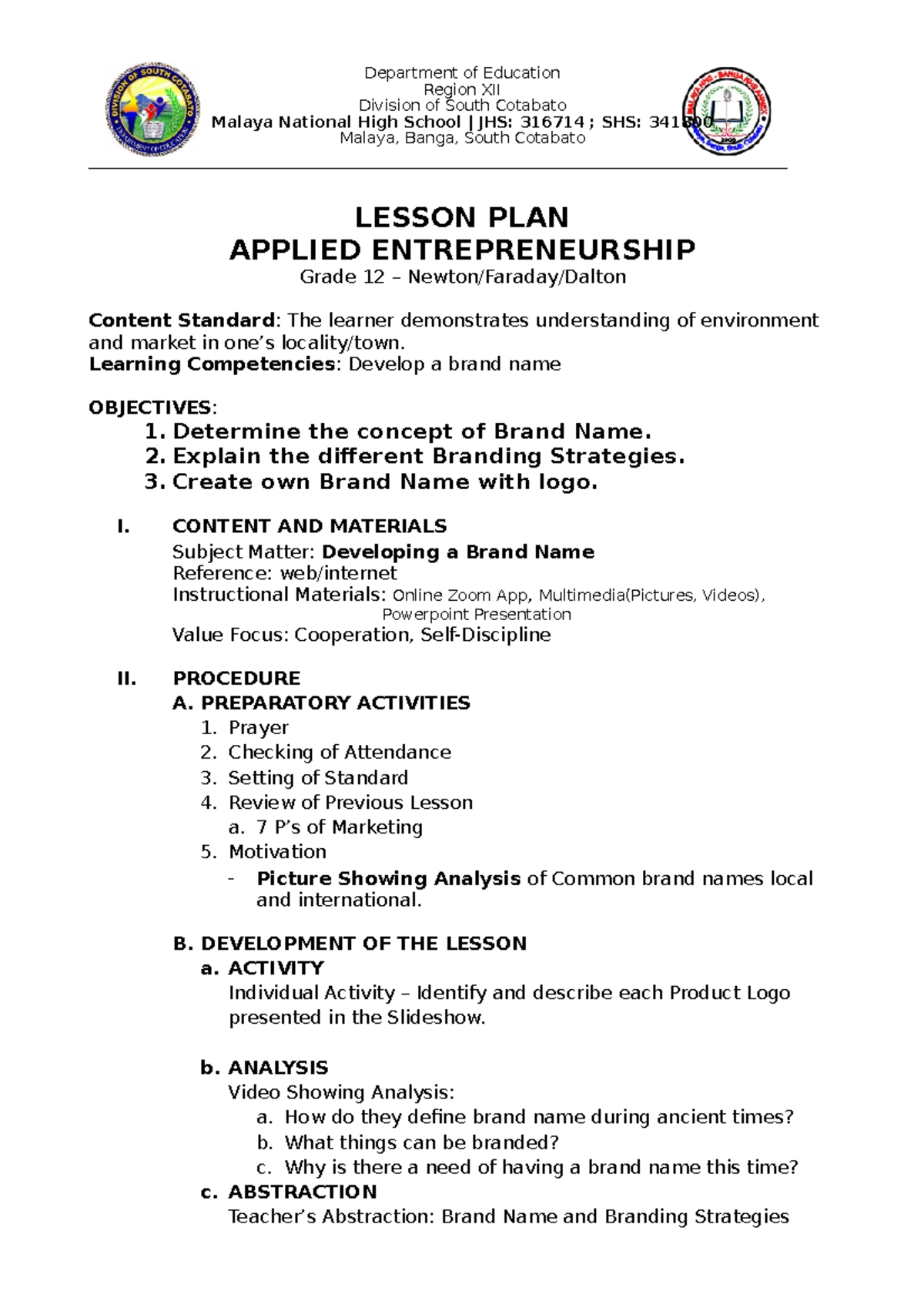 Lesson-plan-entrepreneurship - Department of Education Region XII ...