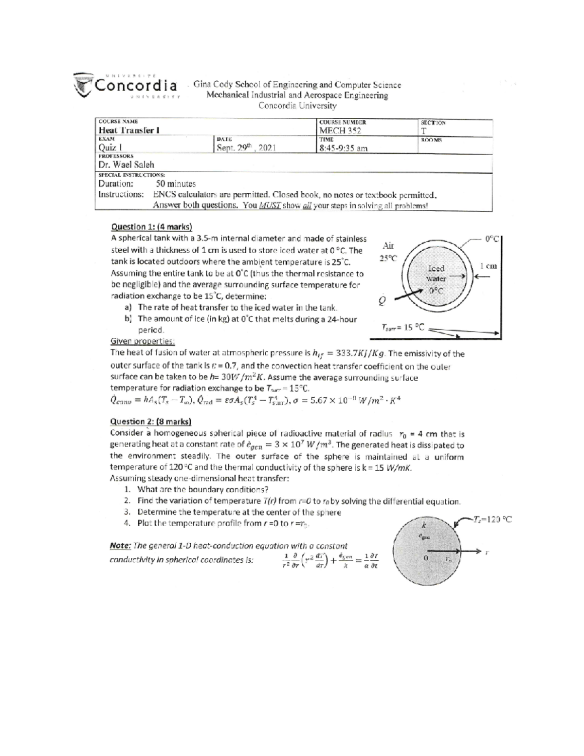 Heat transfer 1 Quiz 1 Fall 2021 - MECH 352 - Studocu