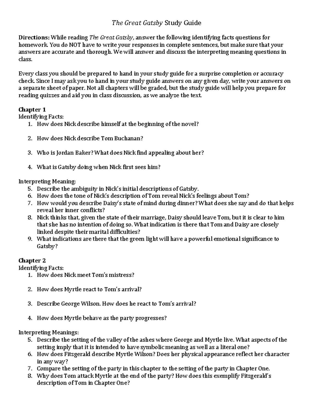 Gatsby study guide - The Great Gatsby Study Guide Directions: While ...