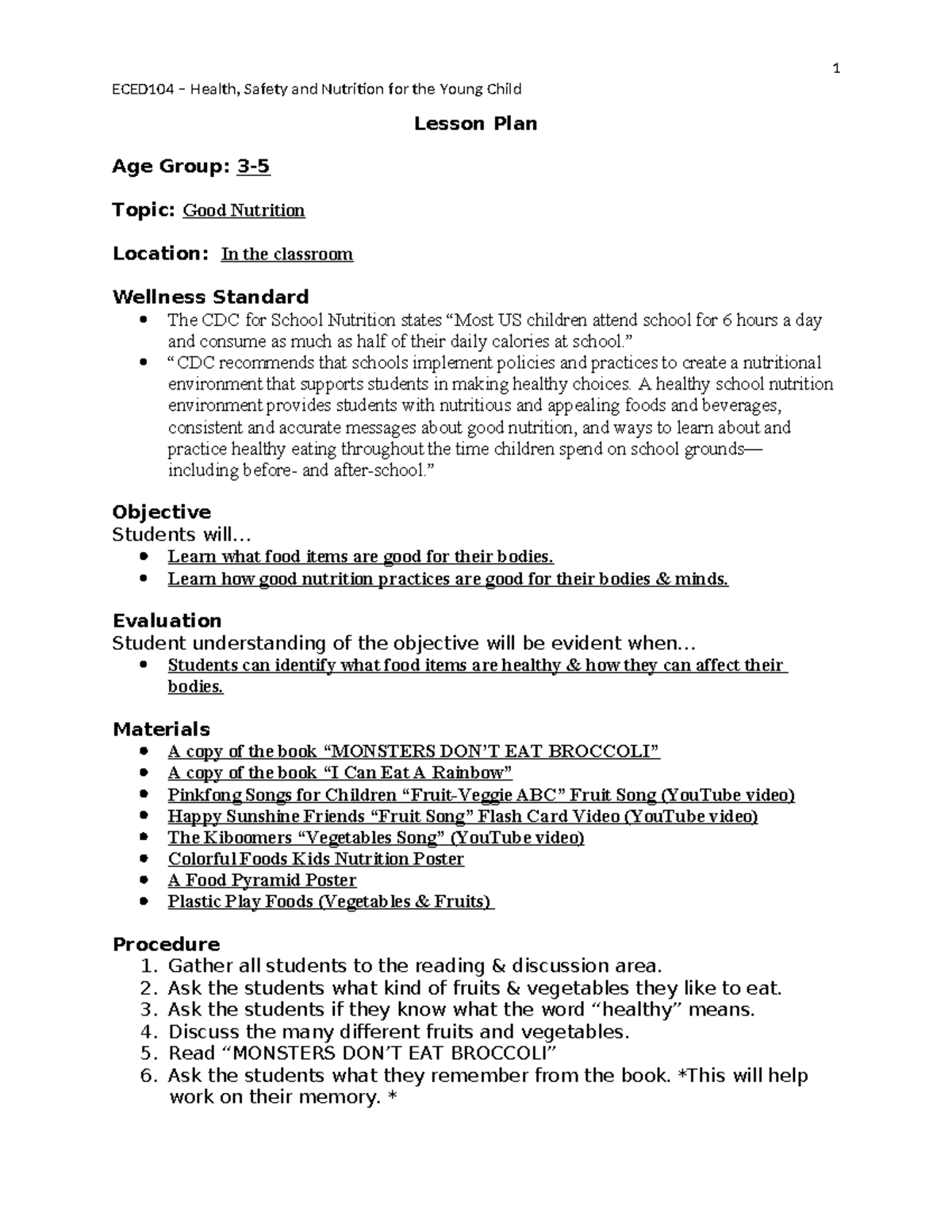 Nutrition Lesson Plan - N/A - 1 ECED104 – Health, Safety and Nutrition ...
