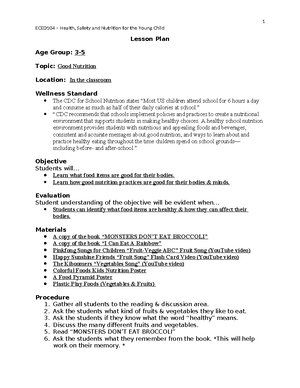 Safety lesson plan - 1 ECED104 – Health, Safety and Nutrition for the ...