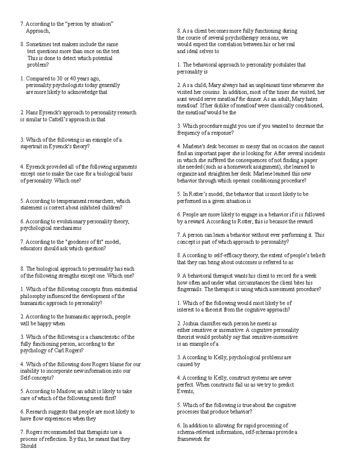 Psy 340 - pretests - test questions that went over the lesson before ...