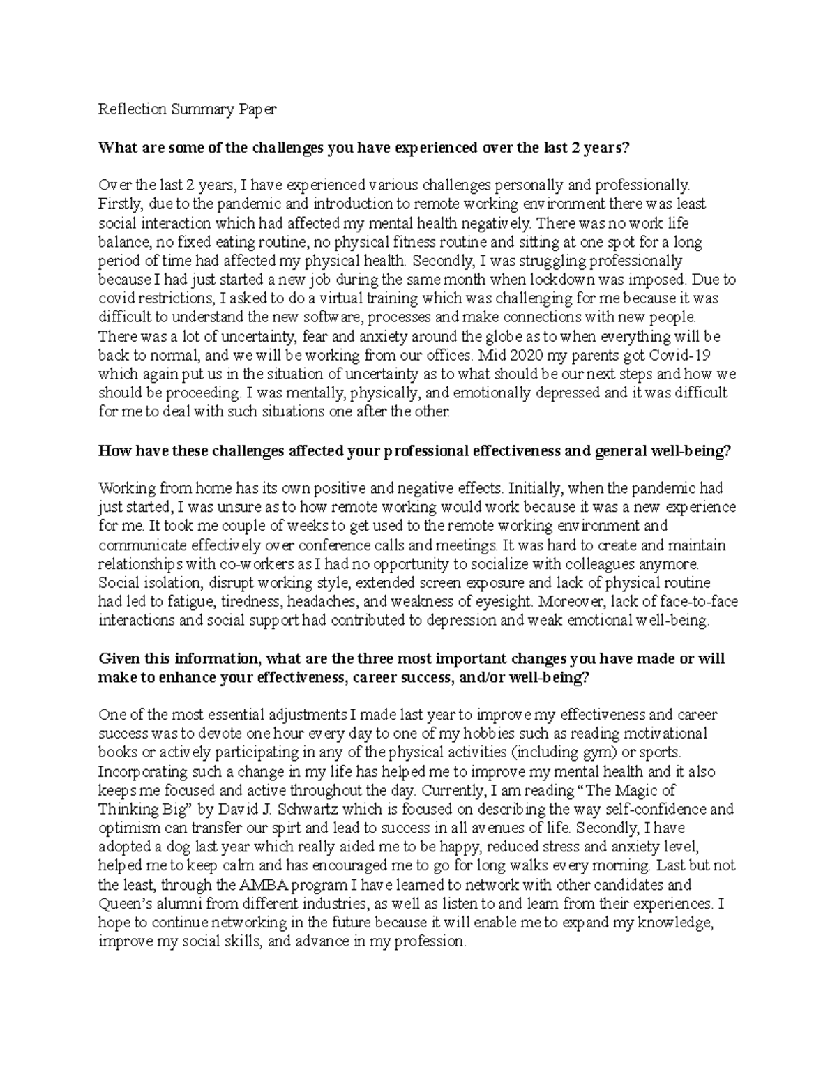 MBUS 877 Individual Assignment Reflection - Reflection Summary Paper ...