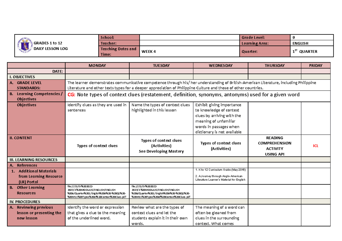 English 9 Q1 W4 Note types of context clues (restatement, definition ...