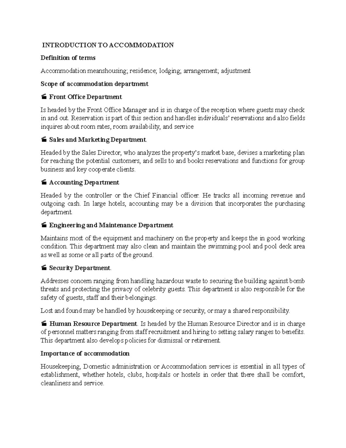 Accommodation MGT Notes - INTRODUCTION TO ACCOMMODATION Definition of ...