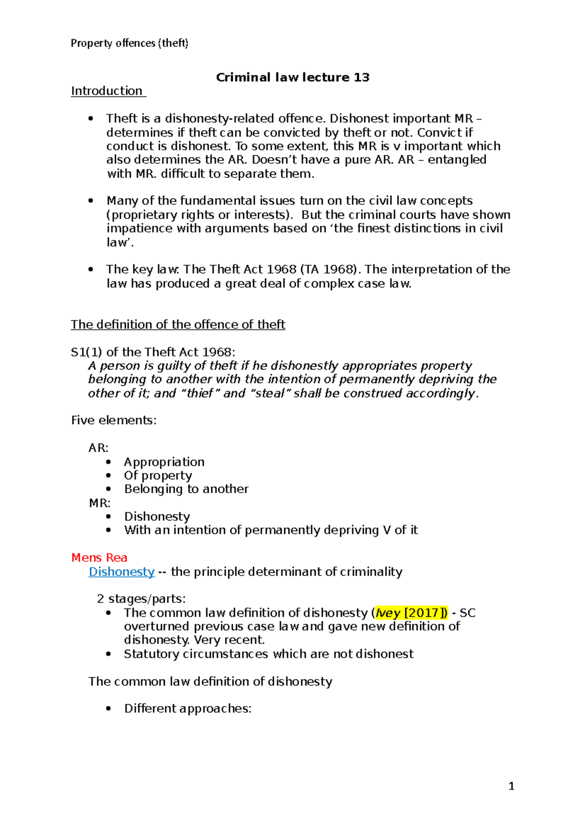 13 Property offences (theft) - Criminal law lecture 13 Introduction ...