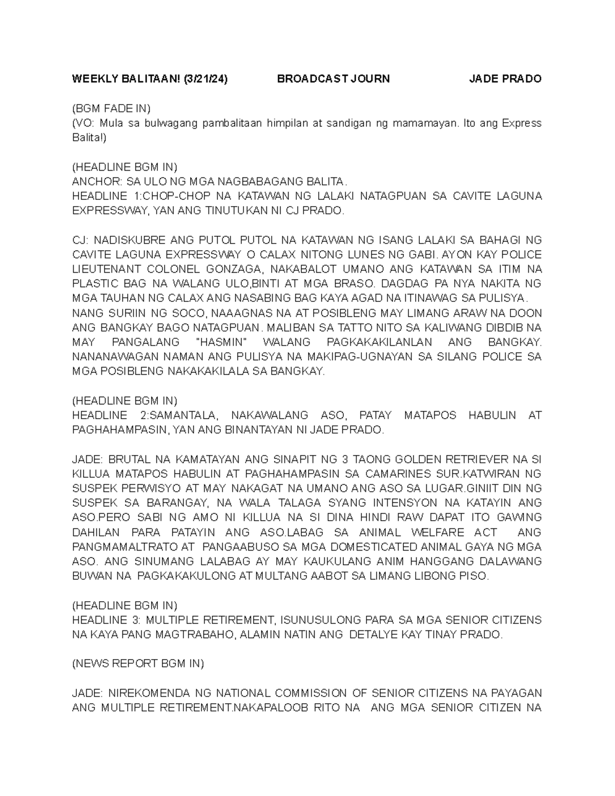 Weekly Balitaan - WEEKLY BALITAAN! (3/21/24) BROADCAST JOURN JADE PRADO ...