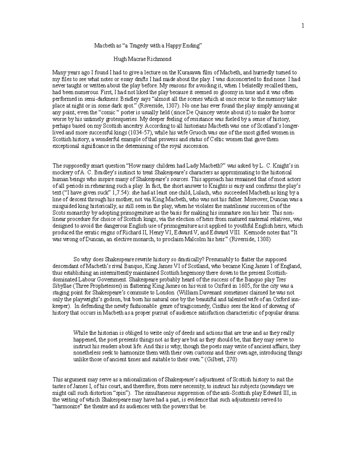 Macbeth as a Tragedy with a Happy Ending - Macbeth as “a Tragedy with a ...