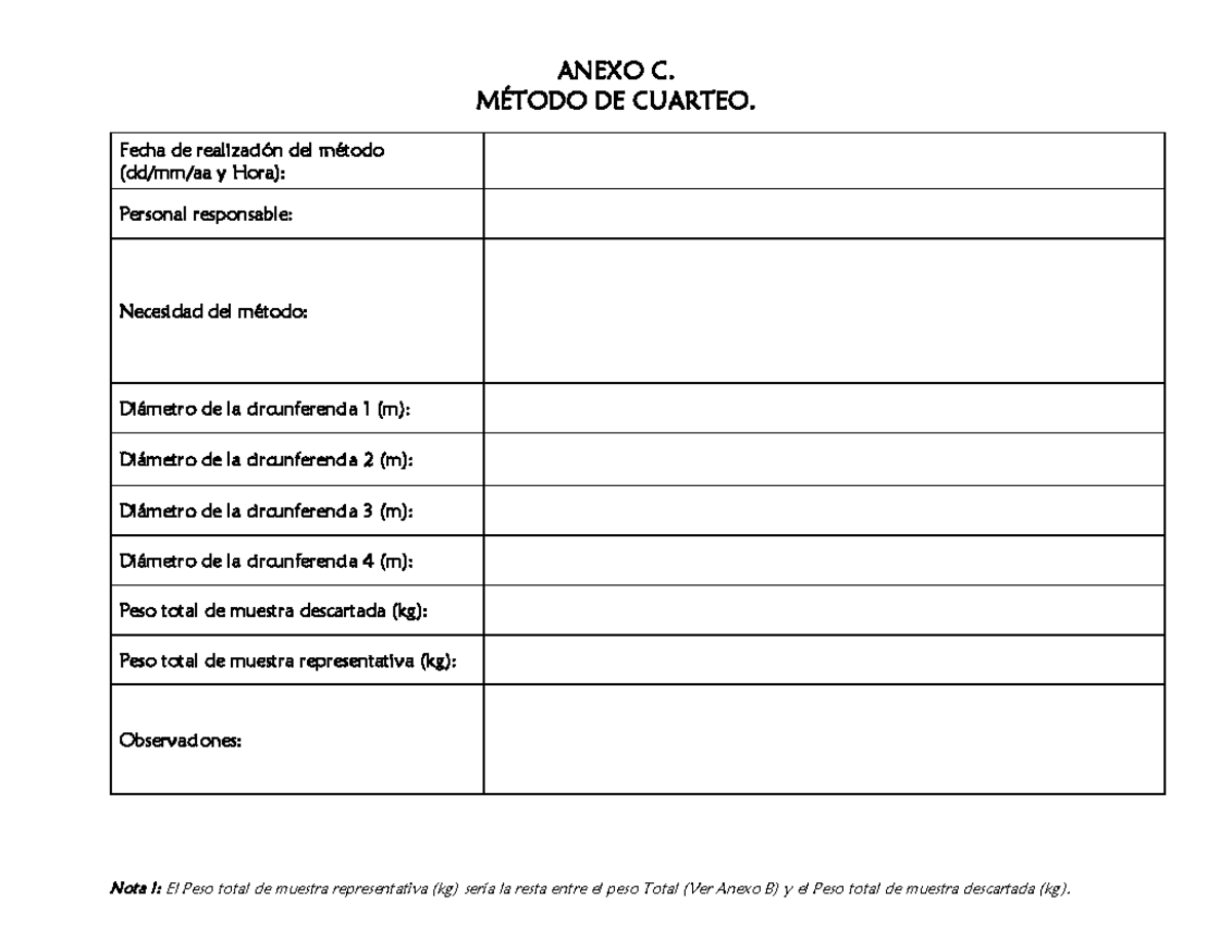 Formato Método de Cuarteo - ANEXO C. MÉTODO DE CUARTEO. Nota 1 : El ...