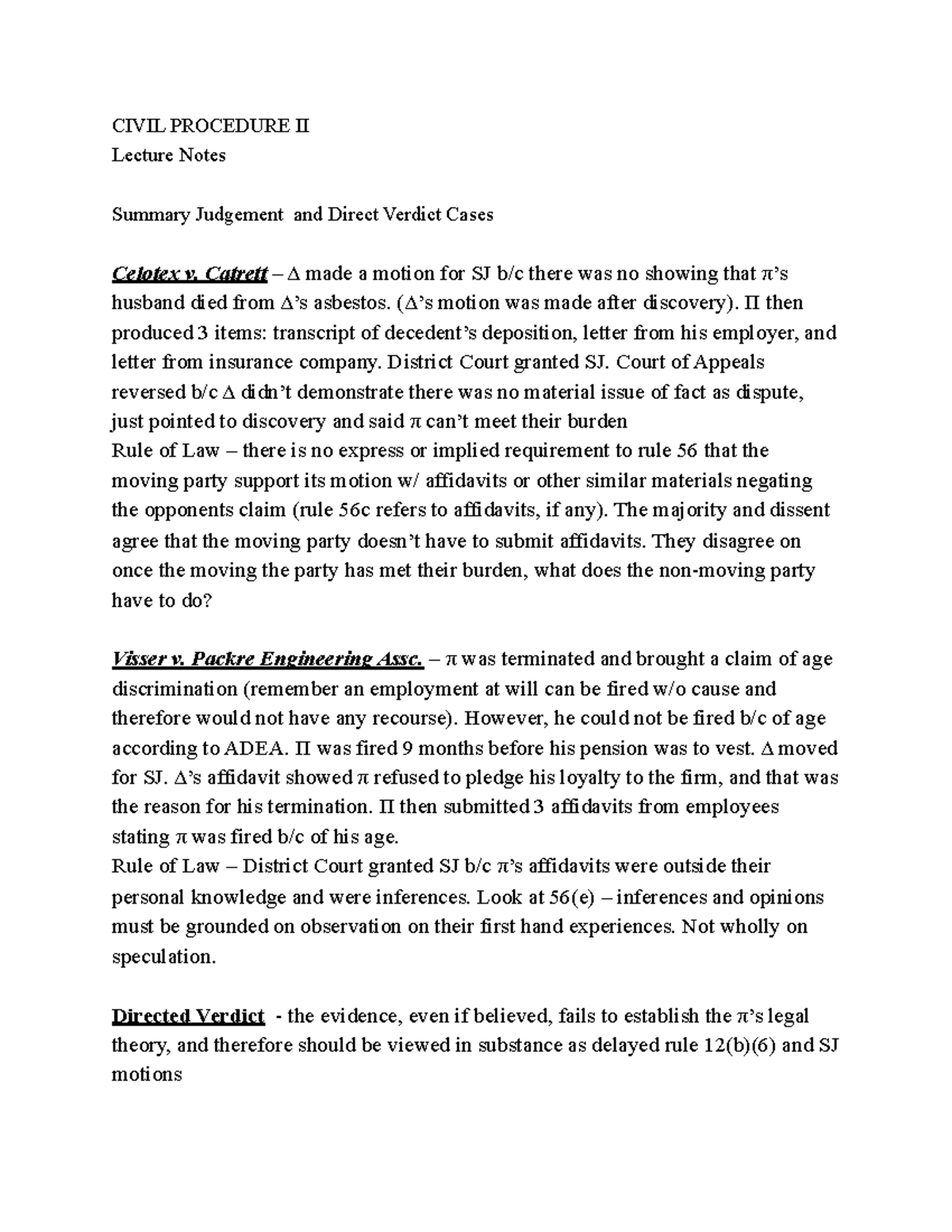 Summary Judgement and Direct Verdict Cases - CIVIL PROCEDURE II Lecture ...