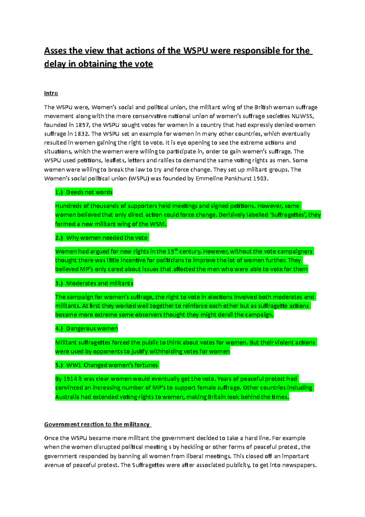 History work Assessing the WSPU and whether they delayed the vote ...