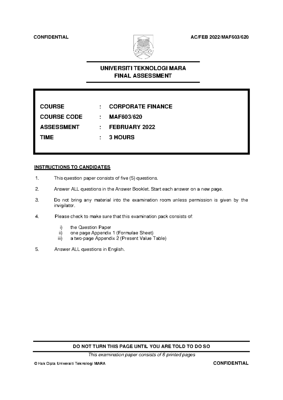 NEW Format EXAM QUESTION MAF603 - FEB 2022 - UNIVERSITI TEKNOLOGI MARA ...