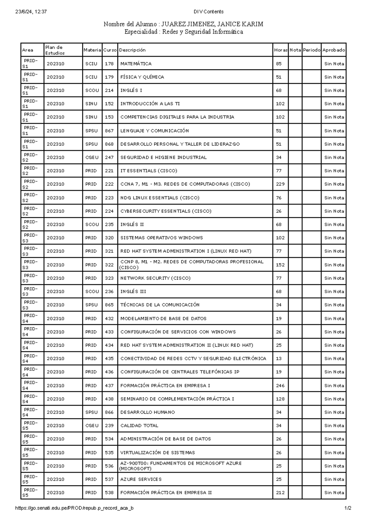 Record Académico - Nombre del Alumno : JUAREZ JIMENEZ, JANICE KARIM ...