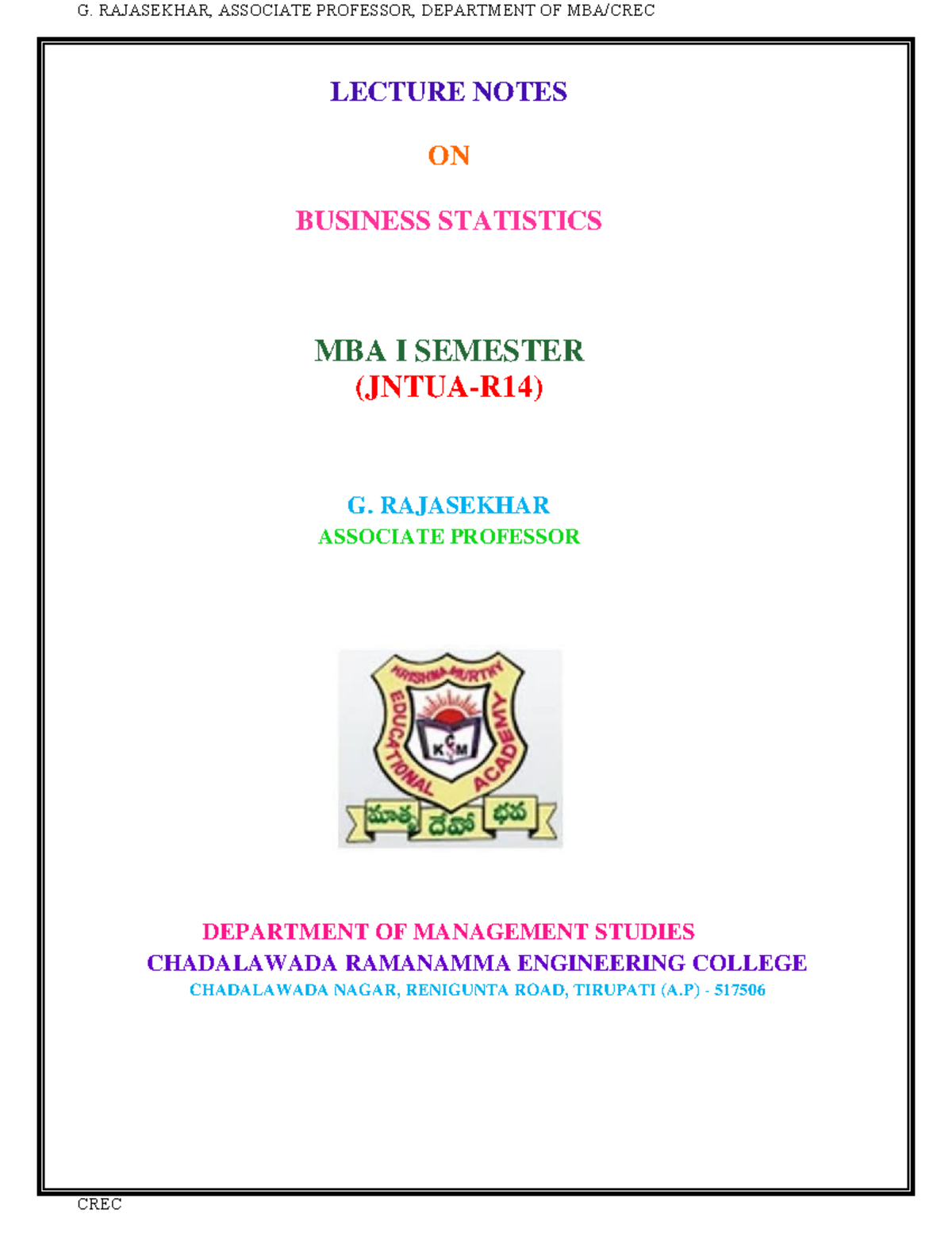 business statistics - LECTURE NOTES ON BUSINESS STATISTICS MBA I ...