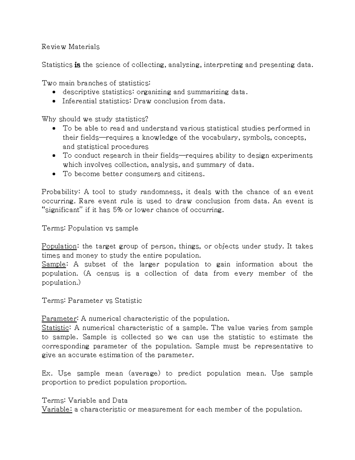Review Materials for Preliminary Notes in Statistics - Review Materials ...