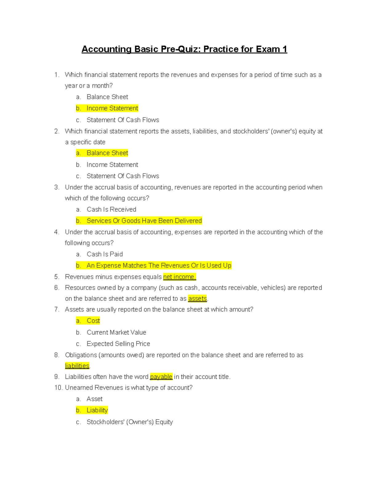Accounting basics pre-quiz - Accounting Basic Pre-Quiz: Practice for ...