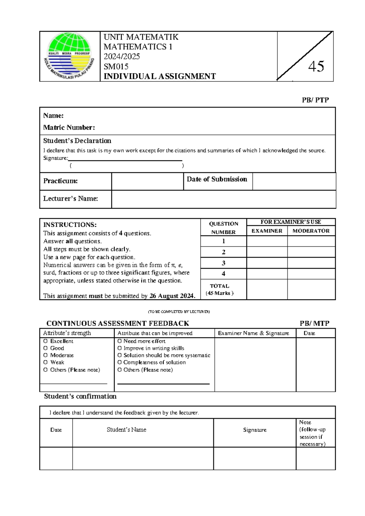 Individual Assignment SM015 2024-25 - UNIT MATEMATIK MATHEMATICS 1 2024 /202 5 SM01 5 INDIVIDUAL ...