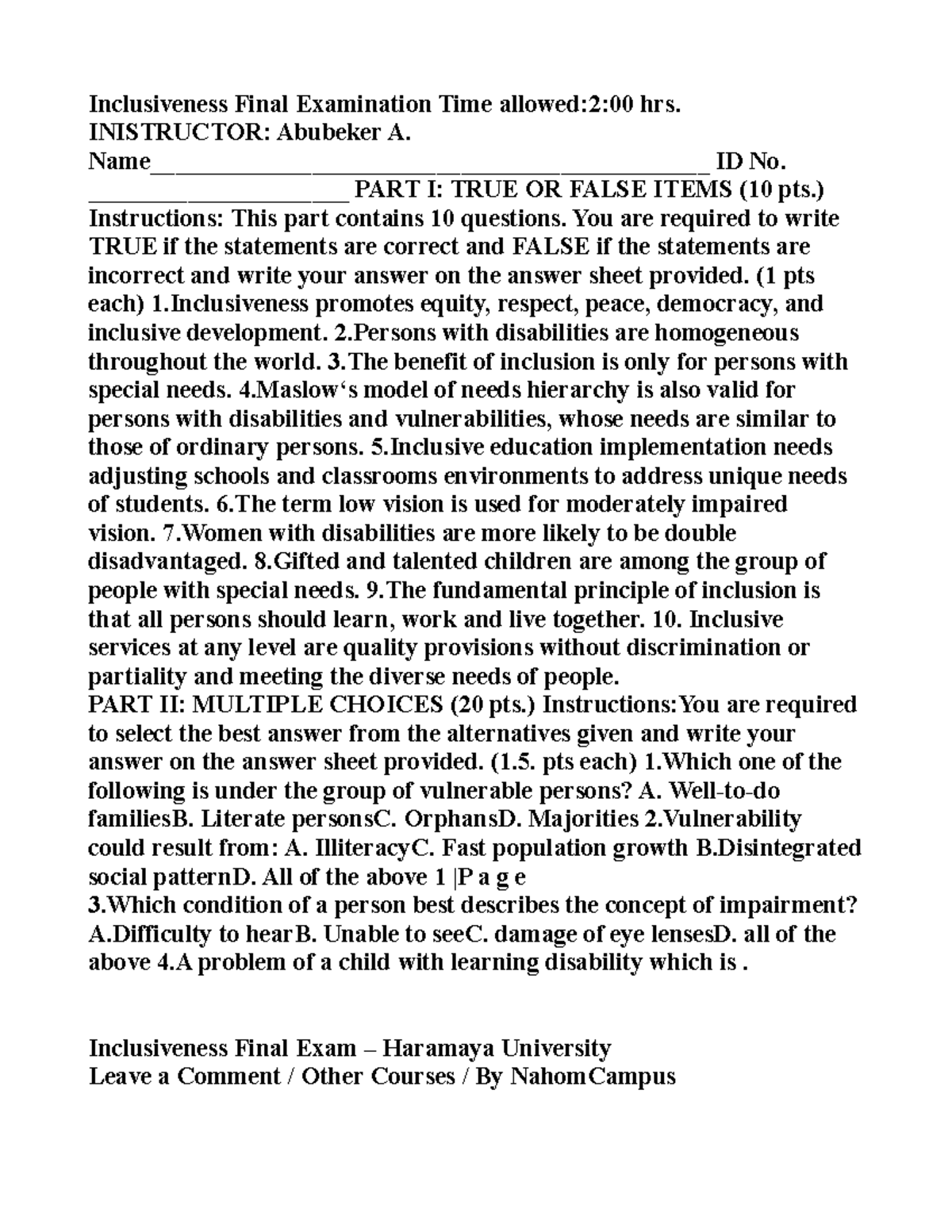 Inclusive final exams - this course is very good - Inclusiveness Final ...