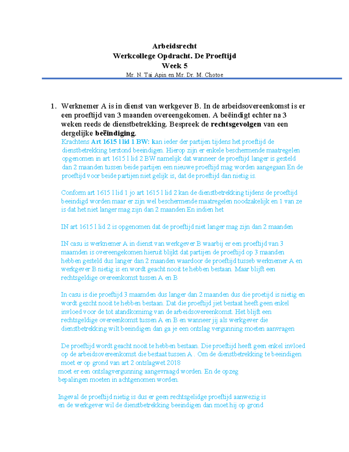 Week 5 Werkcollege Opdracht Proeftijd - Arbeidsrecht Werkcollege ...