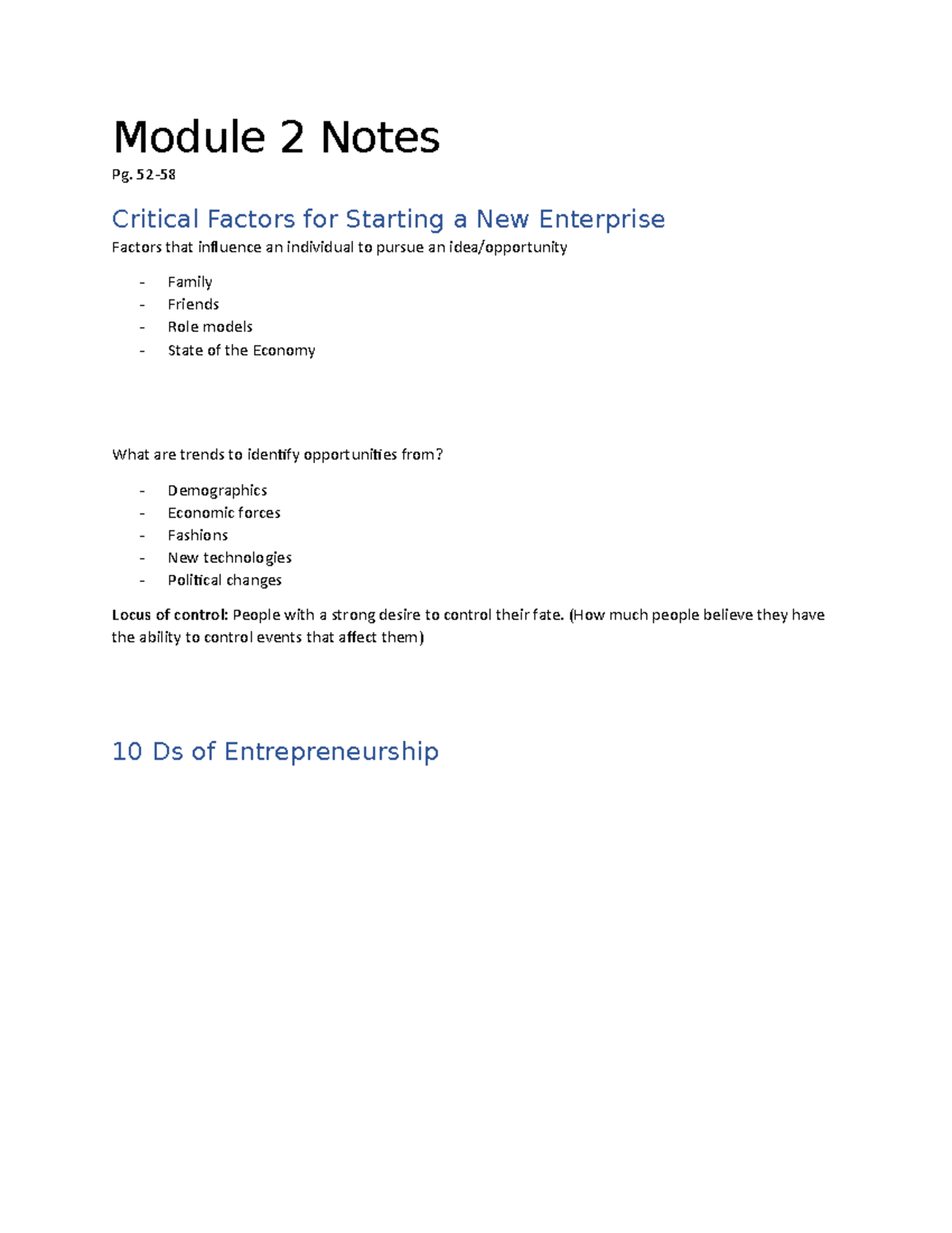 Module 2 Notes - Module 2 Notes Pg. 52- Critical Factors for Starting a ...