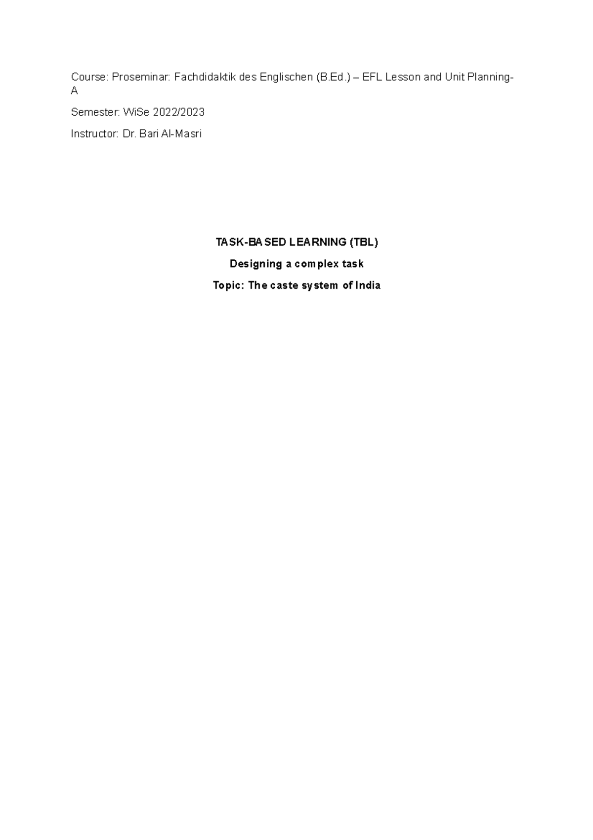 TEFL Aufgabenkonzeption - Course: Proseminar: Fachdidaktik des ...