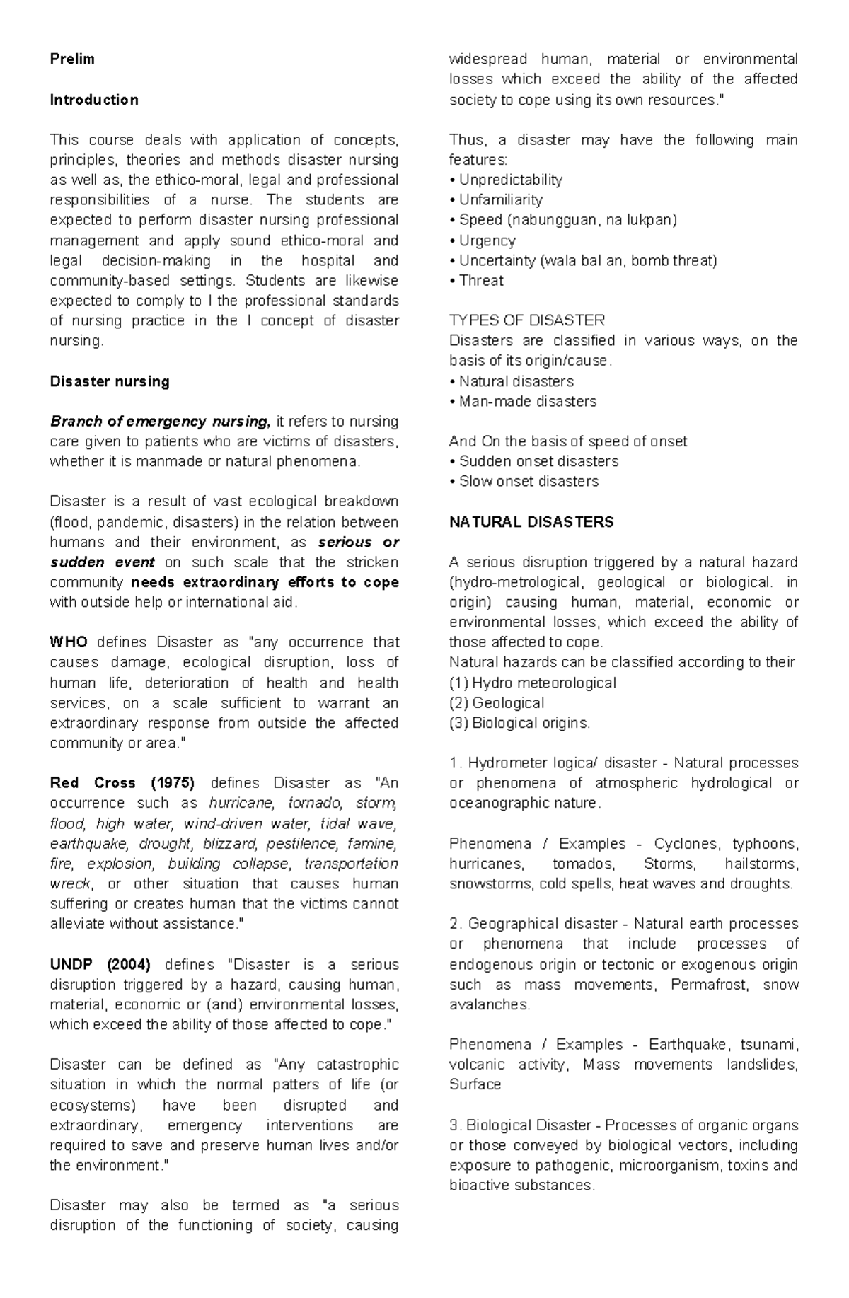 Disaster Nursing - notes - Prelim Introduction This course deals with ...