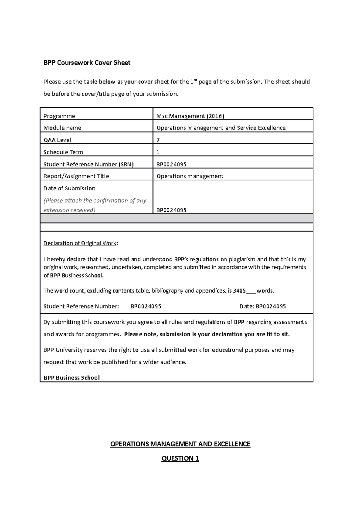 Essay "Operations management and excellence" - grade 58 - BPP ...