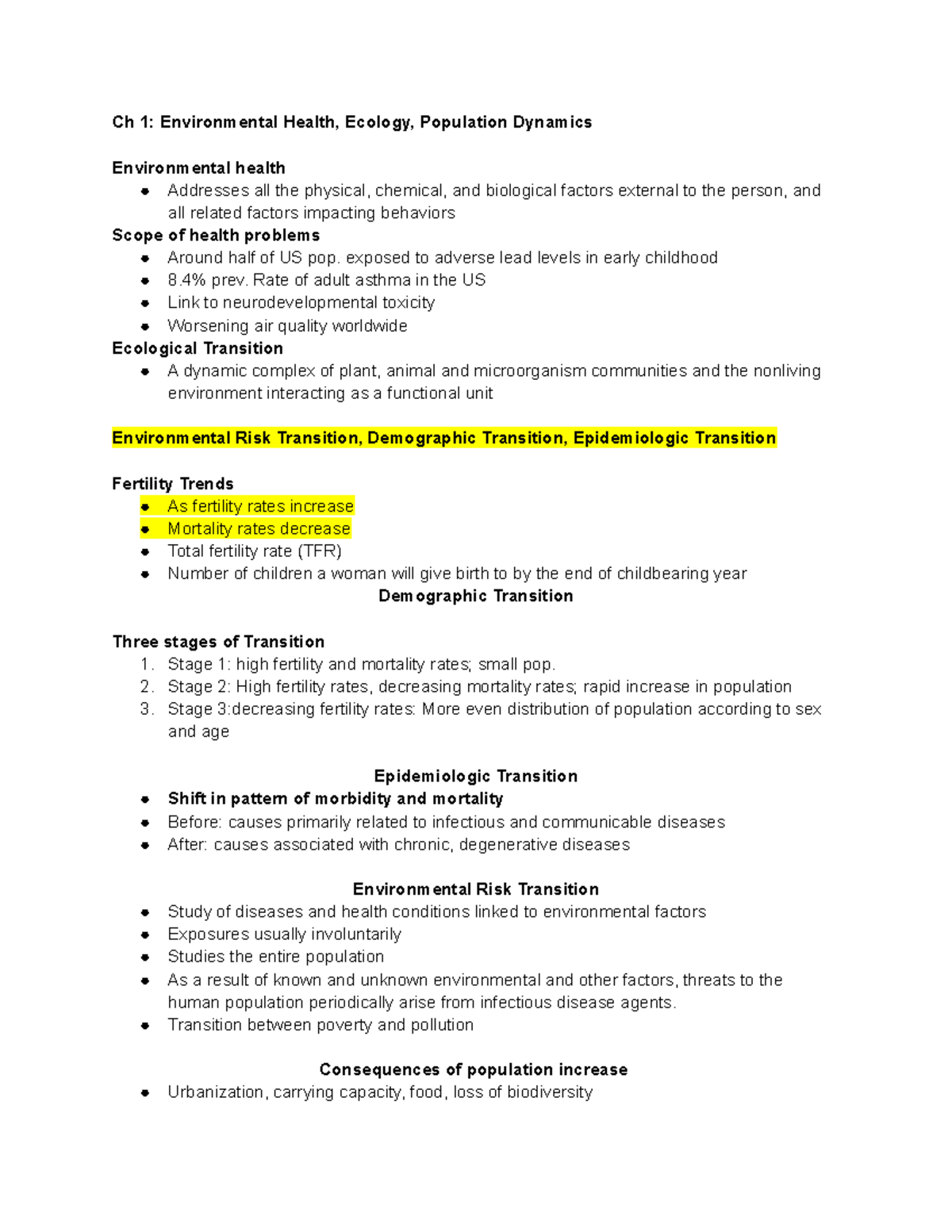 Midterm Review - Ch 1: Environmental Health, Ecology, Population ...